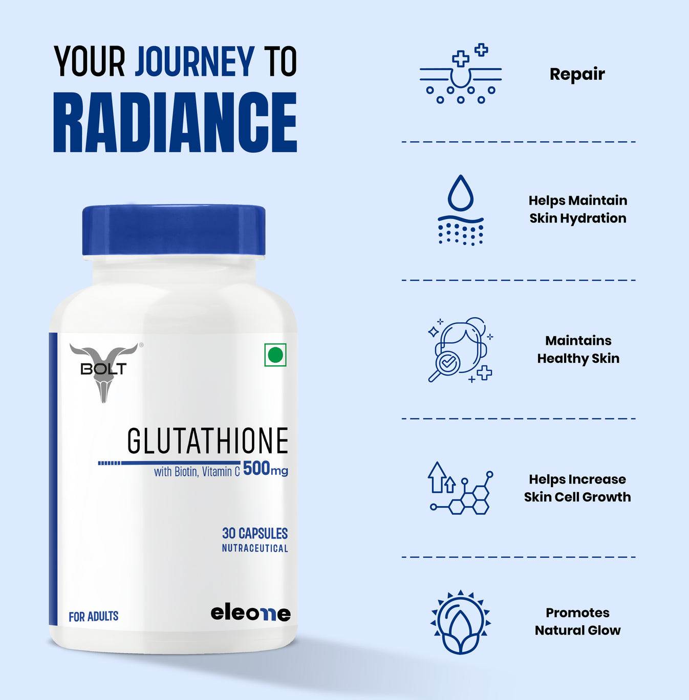 Eleone by Bolt Glutathione Capsules 500mg 30 Veg Capsules | With ...